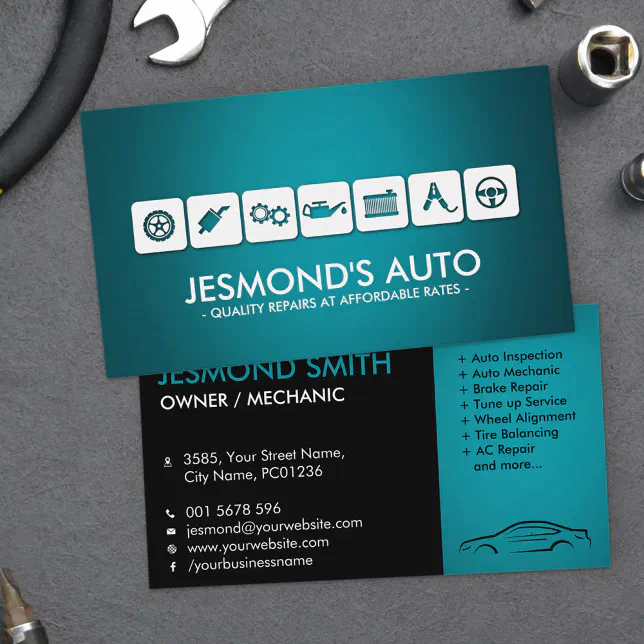 Mechanic Auto Repair with Icons Business Card | Zazzle