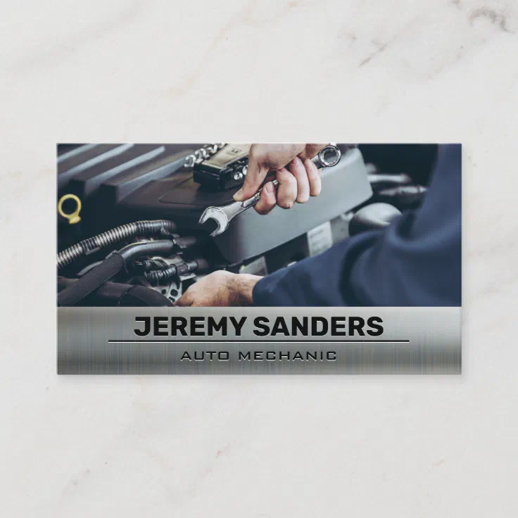 Mechanic Using Wrench on Engine Business Card | Zazzle