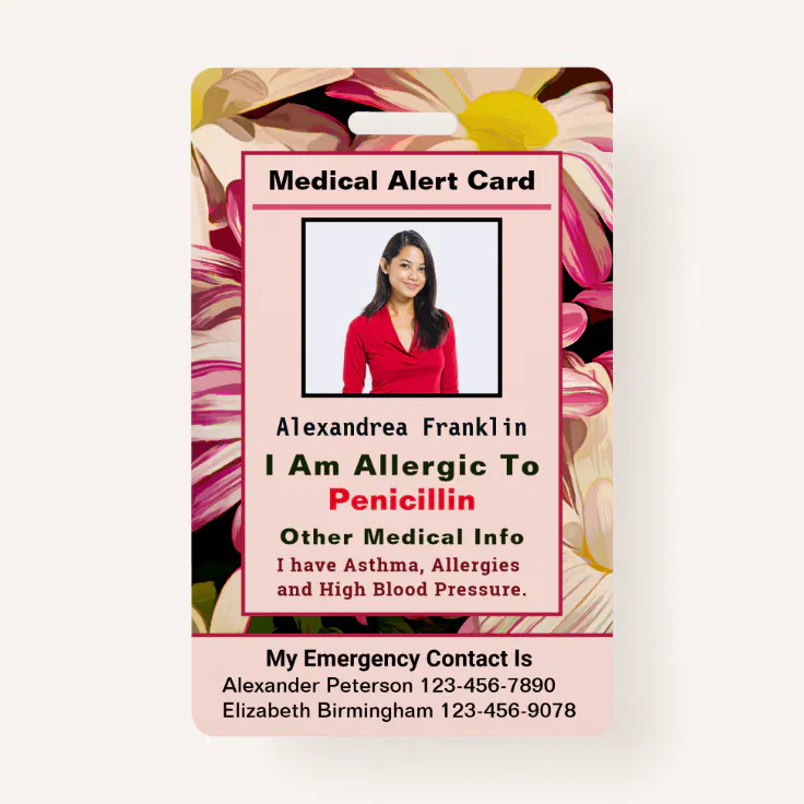 Medical Alert Emergency Contact Custom Card Badge | Zazzle