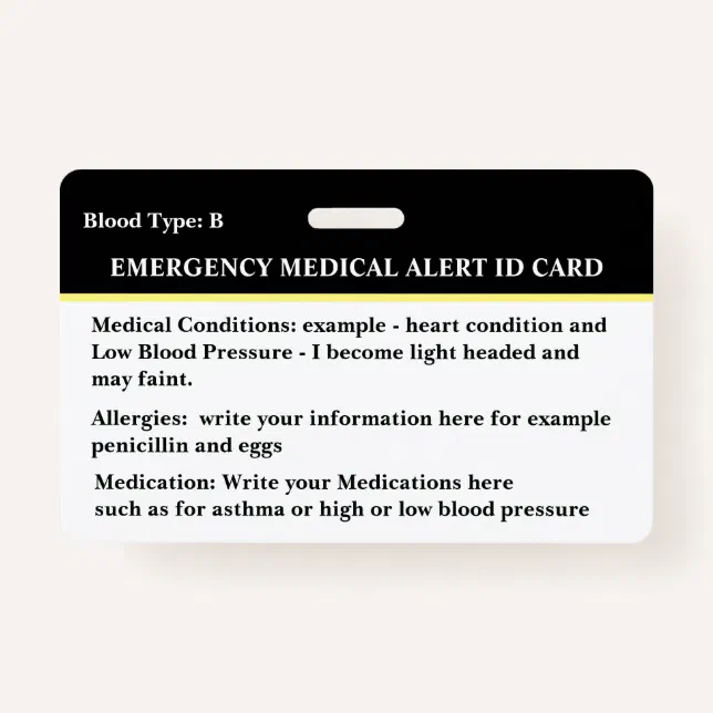Medical Alert Emergency Contact ID Card Custom Badge | Zazzle