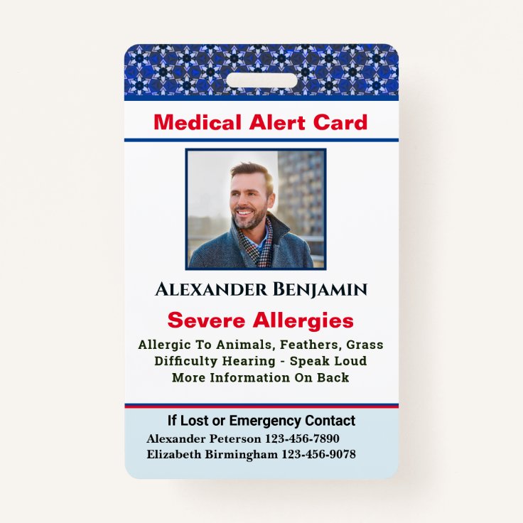 Medical Allergy Alert Emergency Photo Custom ID Badge | Zazzle