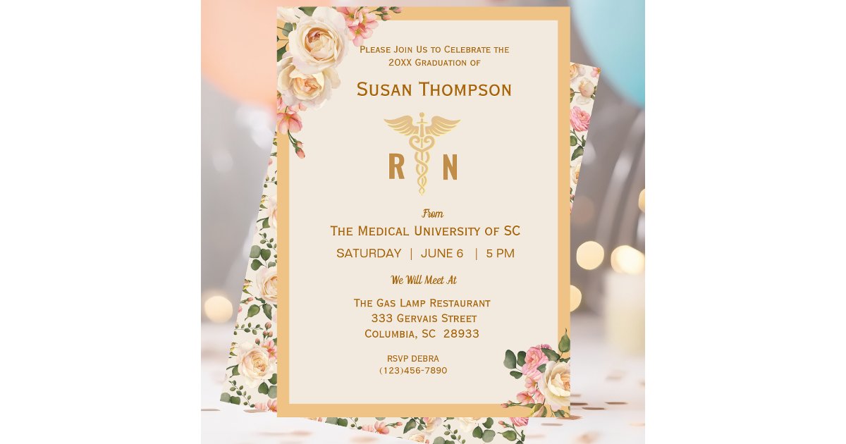 Medical Caduceus Floral Grad Party Invitation | Zazzle