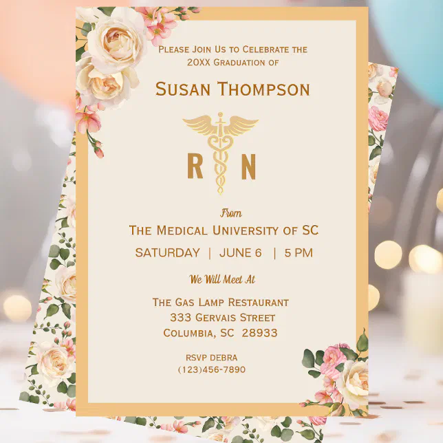 Medical Caduceus Floral Grad Party Invitation | Zazzle
