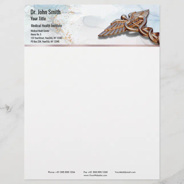 Medical Caduceus Rose Gold Luxury Marble Copper Letterhead | Zazzle