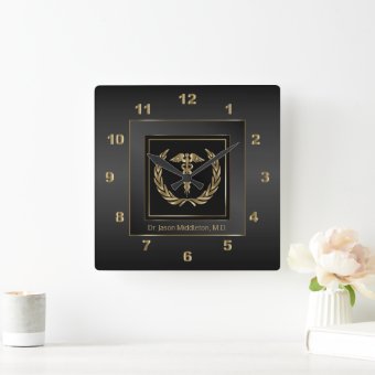 Medical Doctor - Black and Gold Square Wall Clock | Zazzle