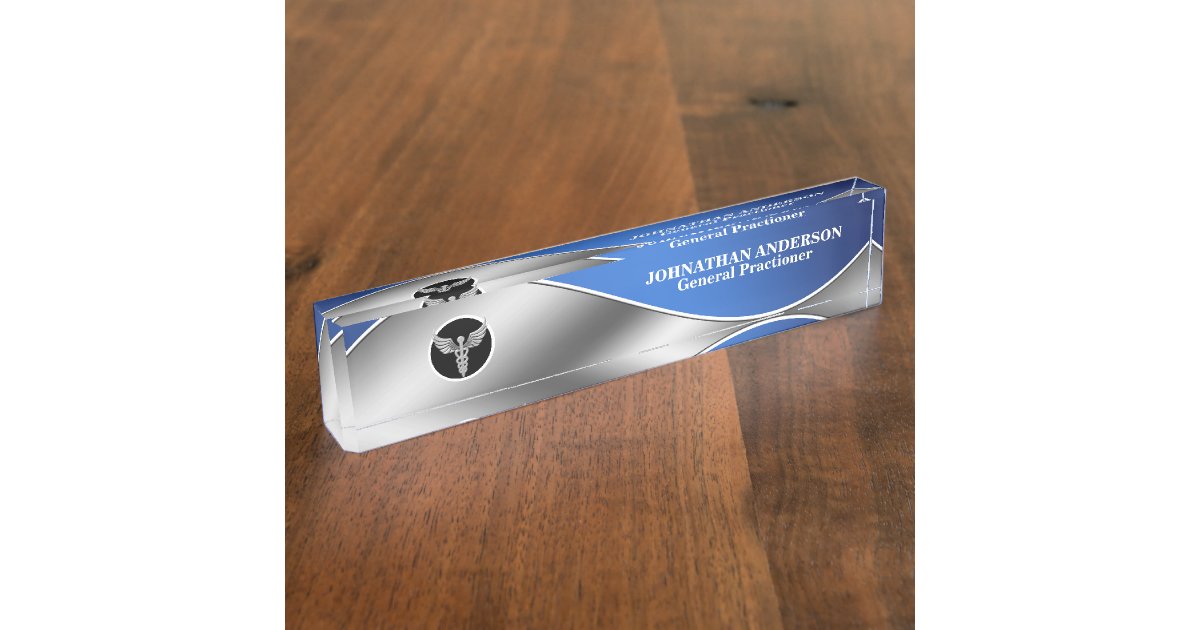 Medical doctor healthcare silver caduceus blue desk name plate | Zazzle
