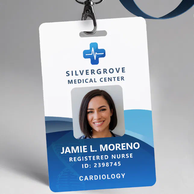 Medical Healthcare Logo Modern Blue Photo Nurse ID Badge | Zazzle