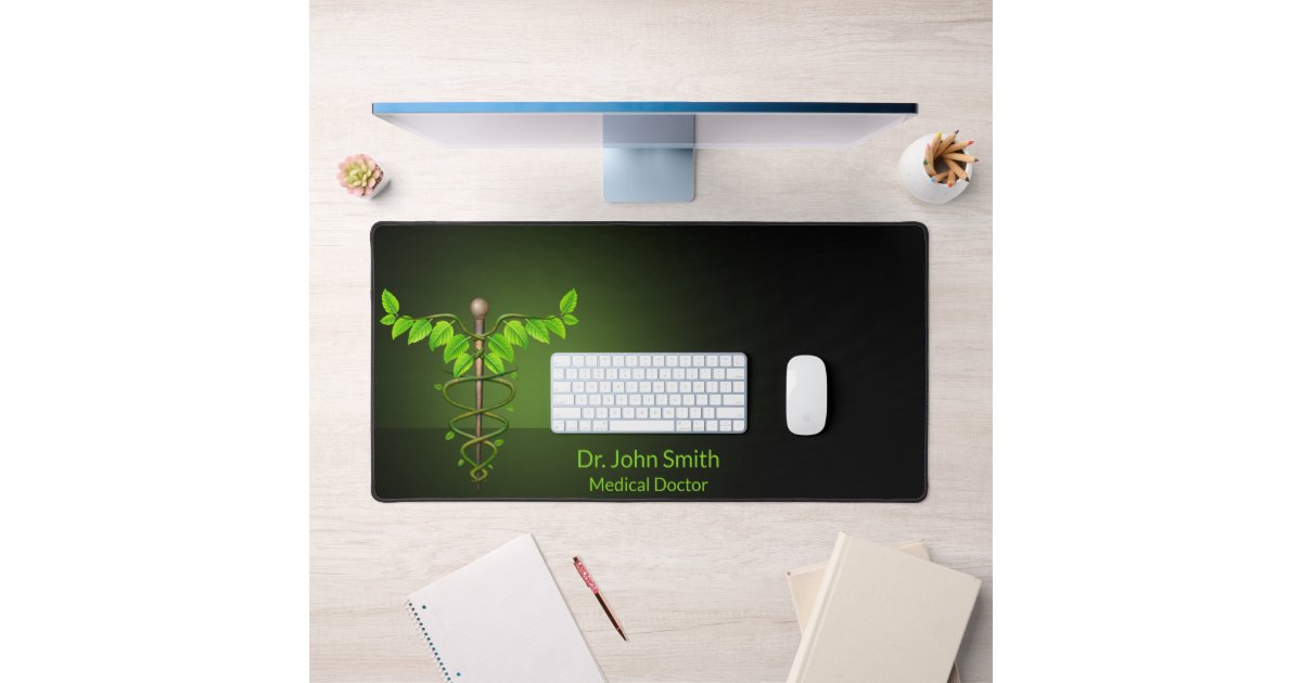 Medical Holistic Alternative Caduceus Green Leaves Desk Mat | Zazzle