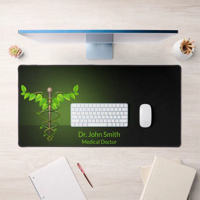 Medical Holistic Alternative Caduceus Green Leaves Desk Mat | Zazzle