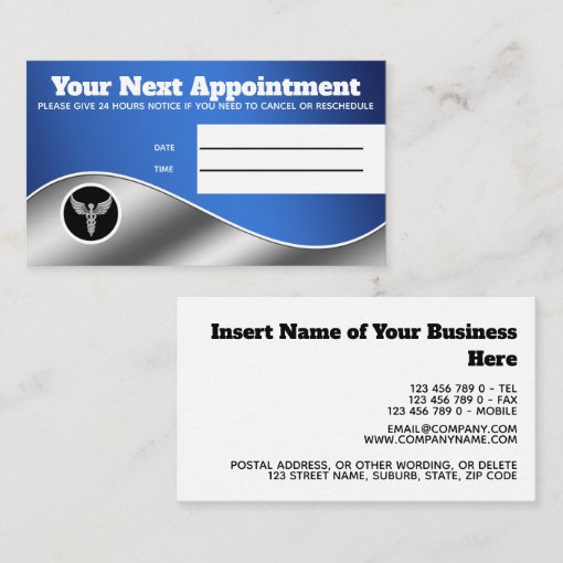 Medical hospital blue silver caduceus patient appointment card | Zazzle