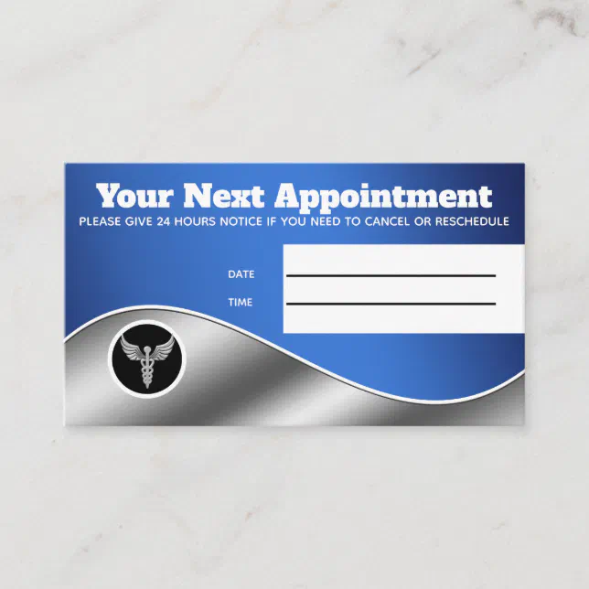 Medical hospital blue silver caduceus patient appointment card | Zazzle
