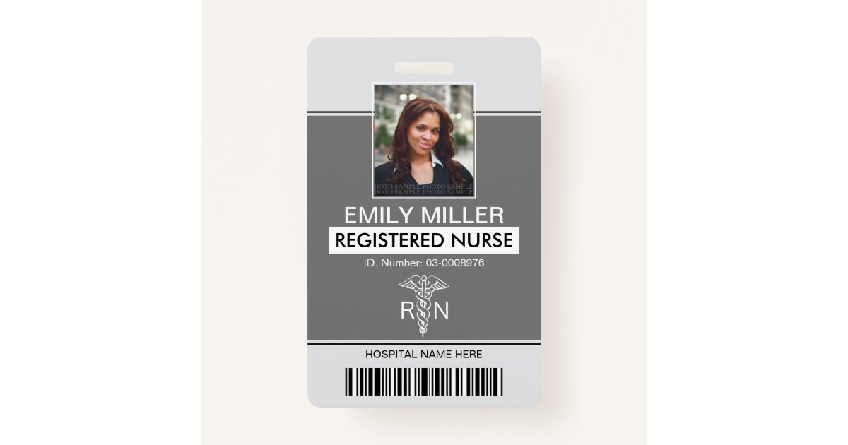 Medical RN employee classic grey photo template Badge | Zazzle