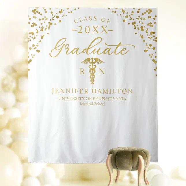 Medical School White Gold Graduation Backdrop | Zazzle