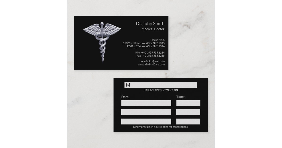 Medical Silver Classy Caduceus on Black Appointment Card | Zazzle
