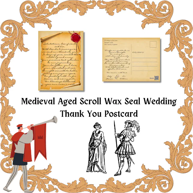 Medieval Aged Scroll Wax Seal Wedding Thank You Postcard | Zazzle