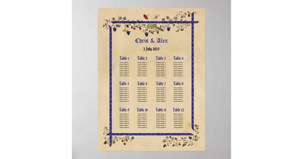 Medieval animals wedding seating chart | Zazzle