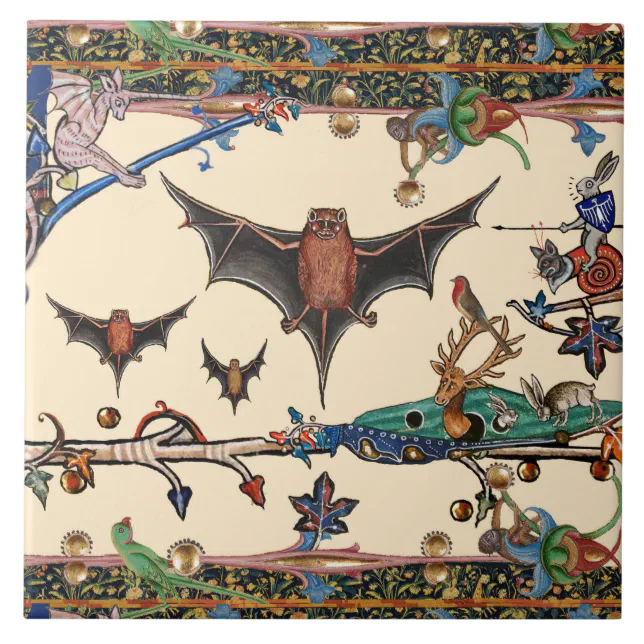 MEDIEVAL BESTIARY,FLYING BATS FOREST ANIMALS Cream Ceramic Tile | Zazzle