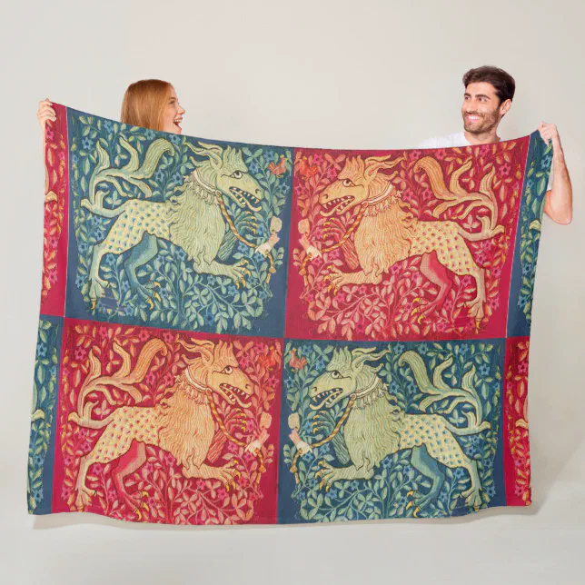 MEDIEVAL BESTIARY Lion Like Beast in Red Blue Fleece Blanket | Zazzle