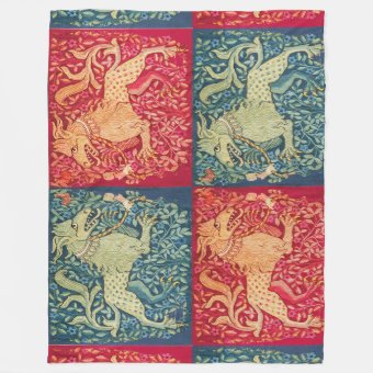 MEDIEVAL BESTIARY Lion Like Beast in Red Blue Fleece Blanket | Zazzle