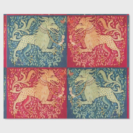 MEDIEVAL BESTIARY Lion Like Beast in Red Blue Wrapping Paper | Zazzle
