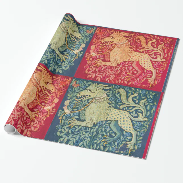 MEDIEVAL BESTIARY Lion Like Beast in Red Blue Wrapping Paper | Zazzle