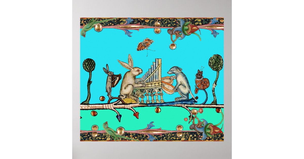 MEDIEVAL BESTIARY MAKING MUSIC,Rabbit,Dog ,Blue Poster | Zazzle