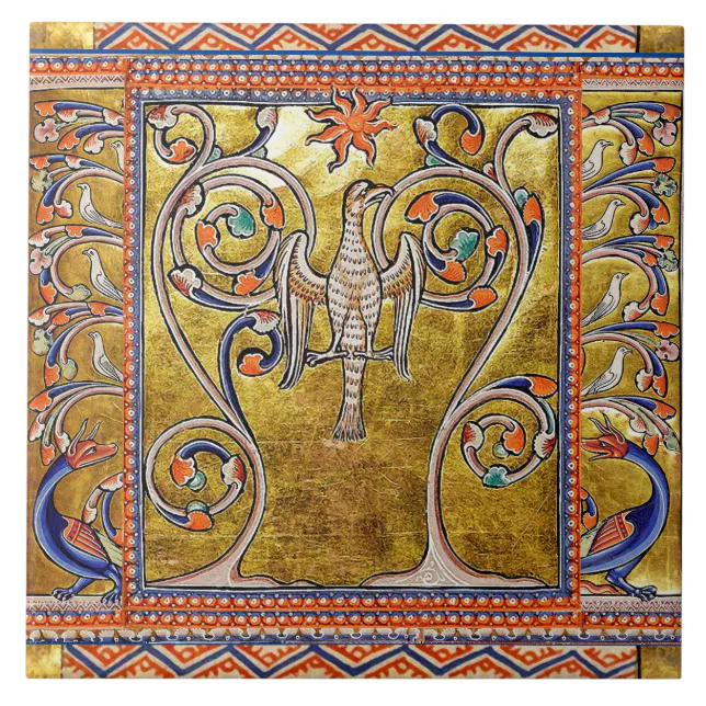 MEDIEVAL BESTIARY,PHOENIX ON TREE OF LIFE,DRAGONS CERAMIC TILE | Zazzle