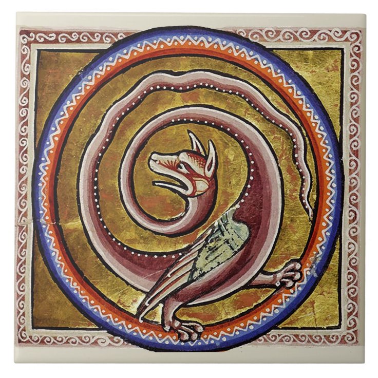 MEDIEVAL BESTIARY, SNAKE DRAGON CIRCLES CERAMIC TILE | Zazzle