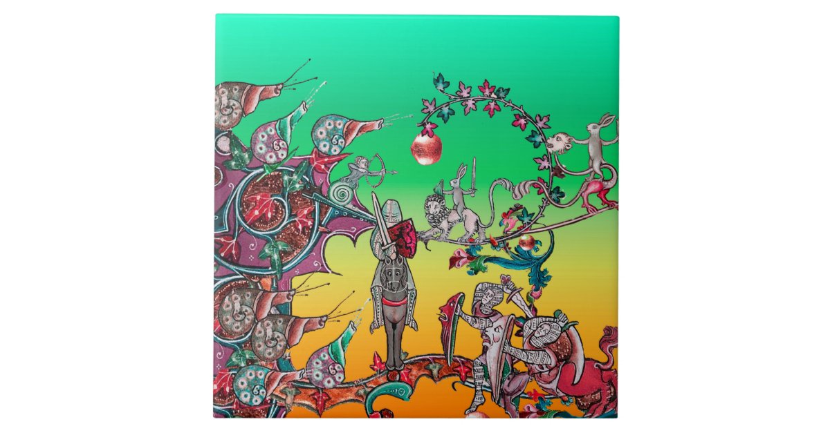 MEDIEVAL BESTIARY WAR, KNIGHTS,GIANT SNAILS Green Ceramic Tile | Zazzle