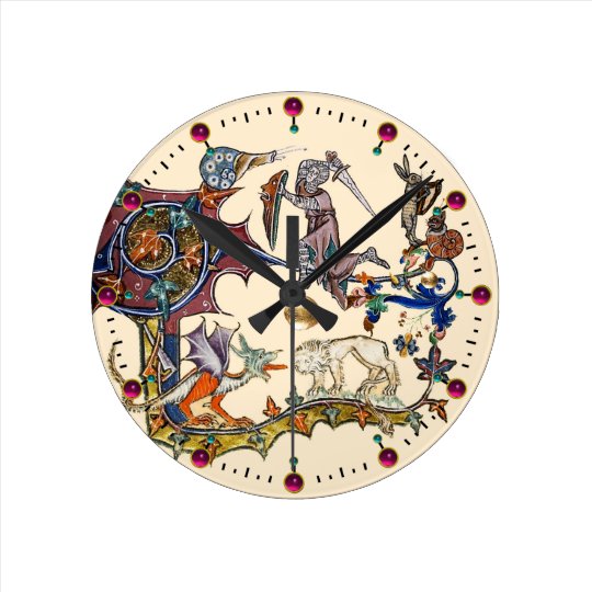 MEDIEVAL BESTIARY WAR Snail vs Knight ,Dragon.Lion Round Clock | Zazzle.com