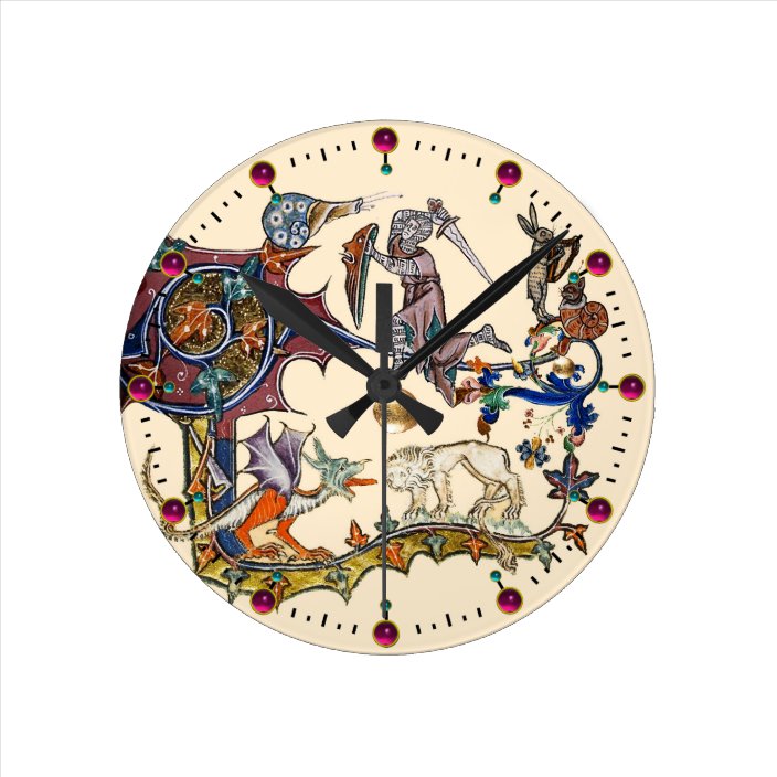 MEDIEVAL BESTIARY WAR Snail vs Knight ,Dragon.Lion Round Clock | Zazzle.com