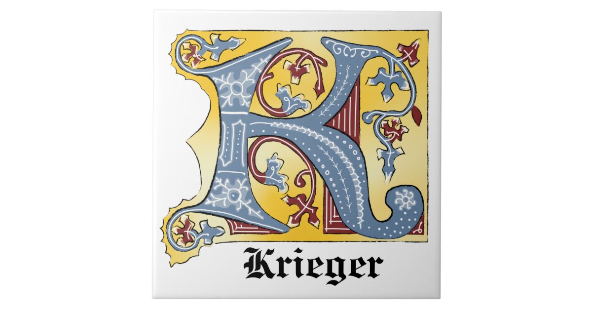 Medieval Blue and Red Ivy Illuminated Letter K Ceramic Tile | Zazzle