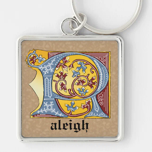 Medieval Blue and Red Ivy Illuminated Letter R Keychain | Zazzle