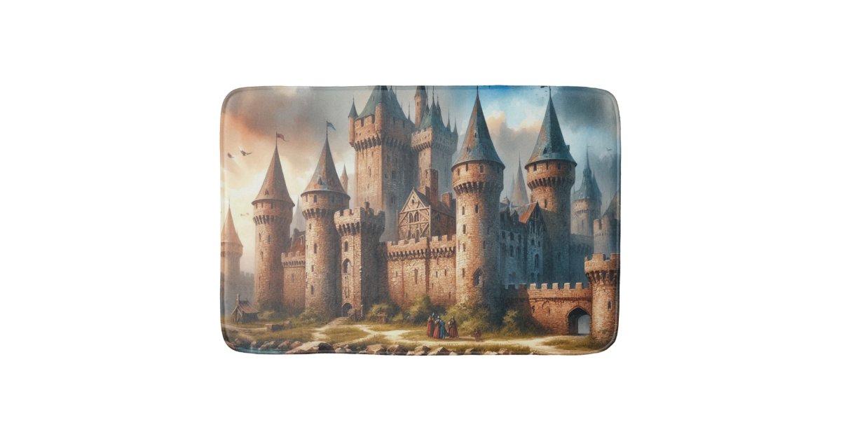 Medieval Castle by a Tranquil River at Sunset Bath Mat | Zazzle