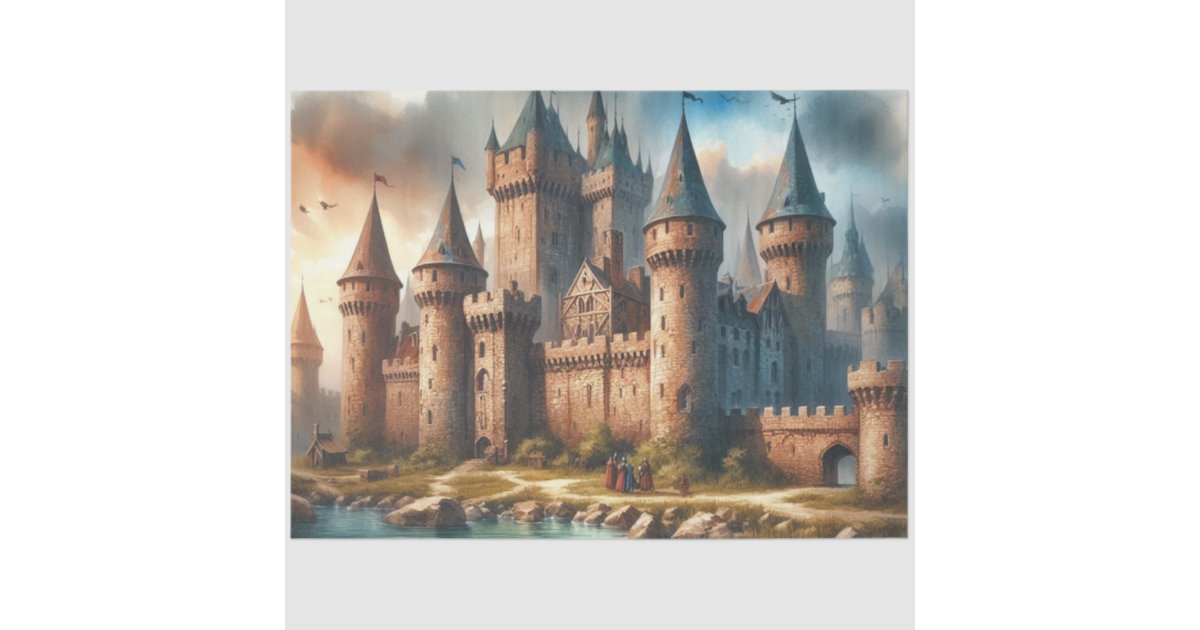 Medieval Castle by a Tranquil River at Sunset Tissue Paper | Zazzle