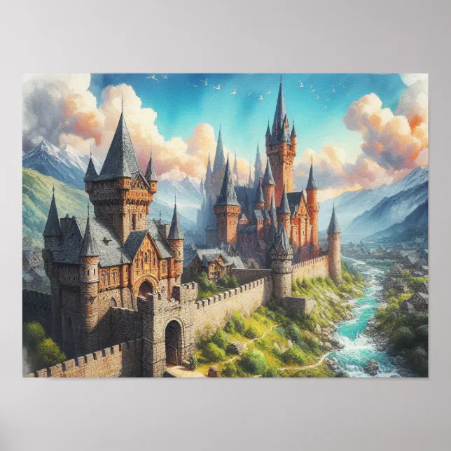Medieval Castle in a Mountain Valley Landscape Poster | Zazzle