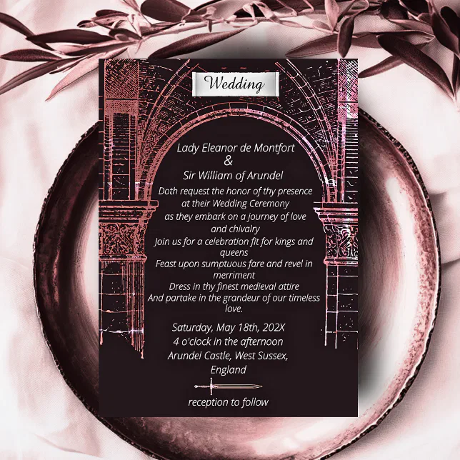 Medieval Castle Moody Pink Faux Parchment Wedding Invitation | Zazzle