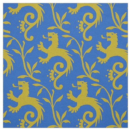 Medieval Gold Lion Blue Fleur de Lis Fabric | Zazzle