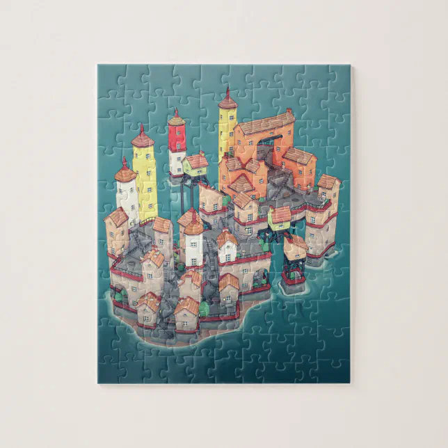 Medieval Fantasy Fortress Island Town Illustration Jigsaw Puzzle | Zazzle
