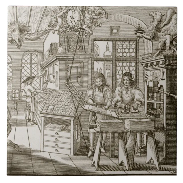 Medieval German printing press (engraving) Tile | Zazzle