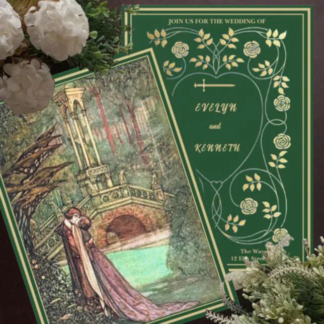 Medieval Gold Floral Hearts and Sword Wedding Invitation | Zazzle