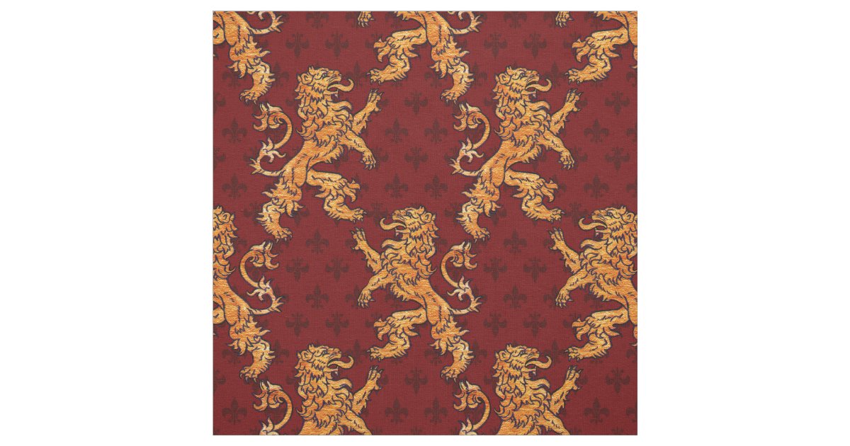 Medieval Gold Lion Red Fleur de Lis Fabric | Zazzle