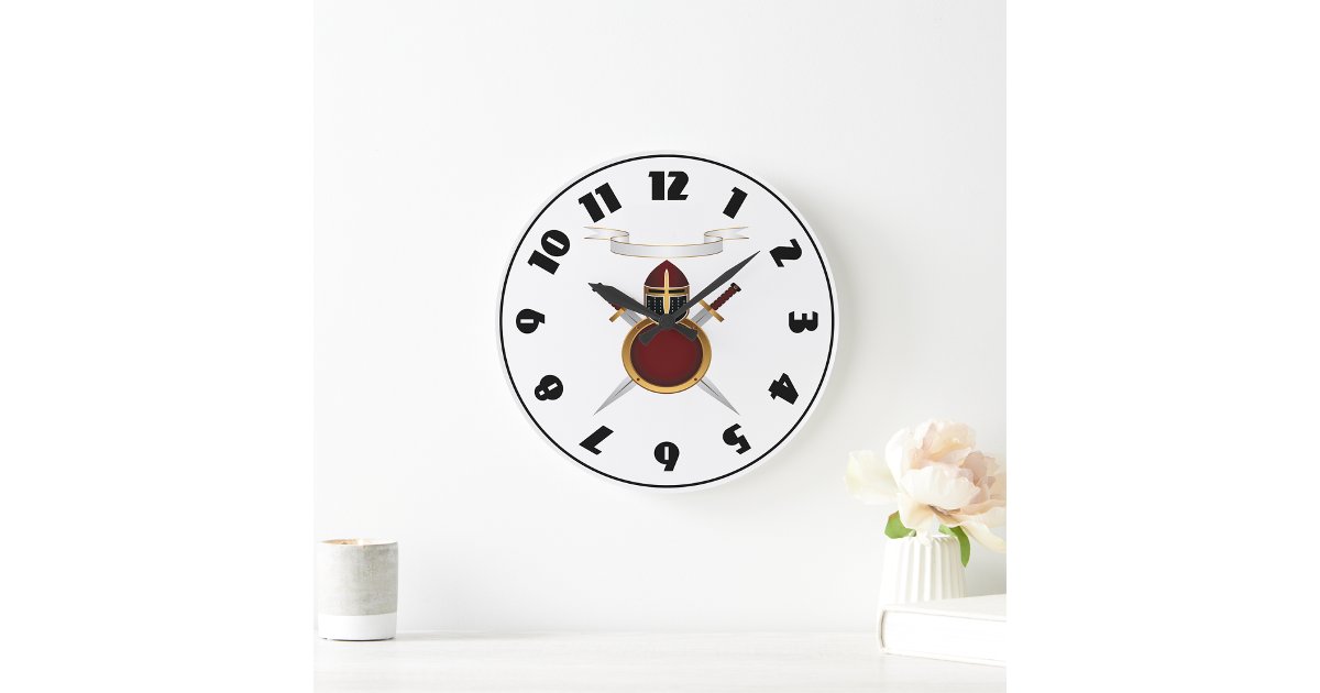 Medieval Knight Crest Helmet Swords Shield Large Clock | Zazzle