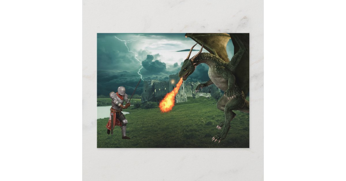 Medieval Knight Fire Breathing Dragon Battle Postcard | Zazzle