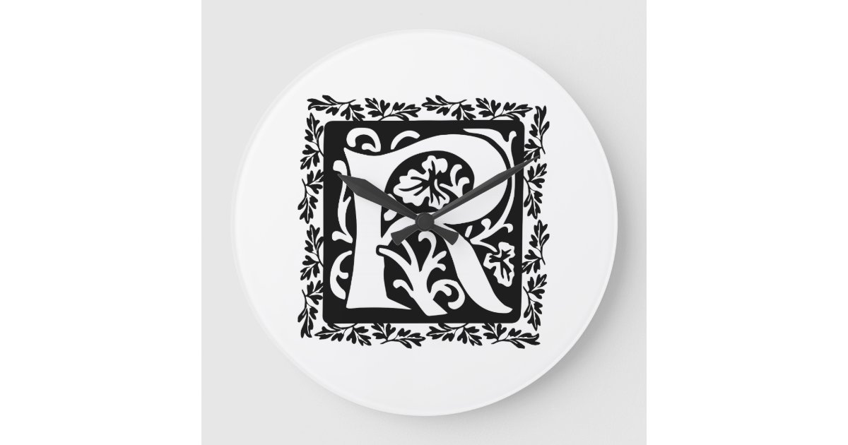 Medieval Letter R Monogram Black and White Large Clock | Zazzle
