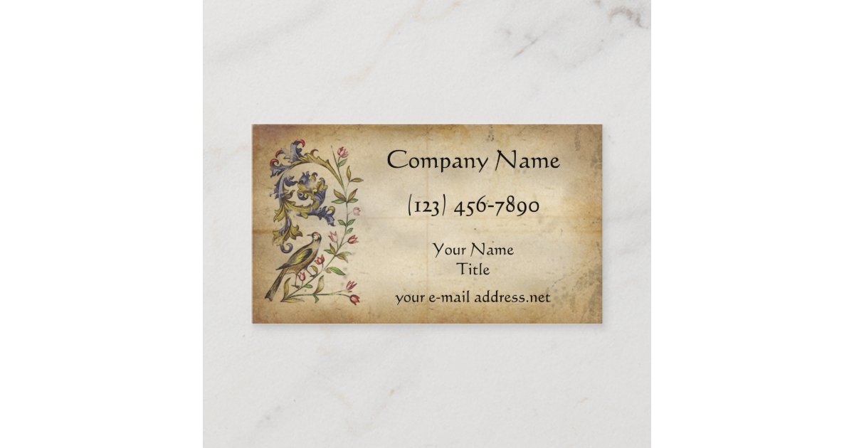 Medieval Manuscript Floral Bird Business Card | Zazzle