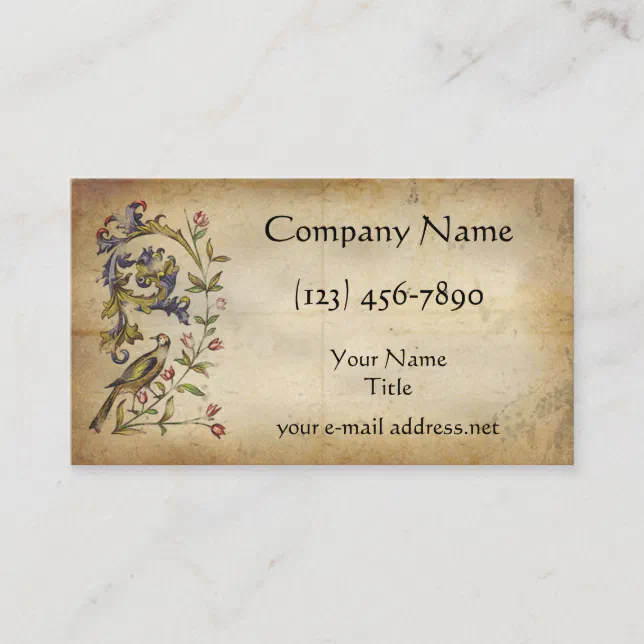 Medieval Manuscript Floral Bird Business Card | Zazzle
