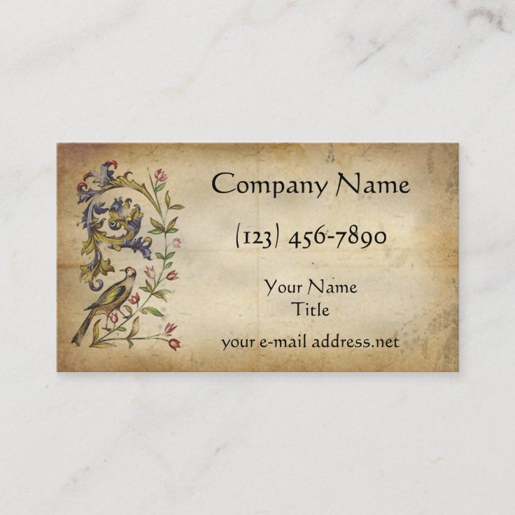 Medieval Manuscript Floral Bird Business Card | Zazzle