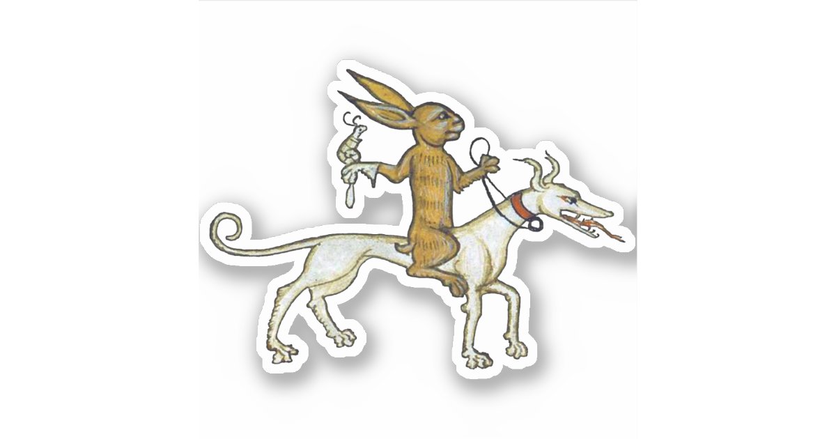 Medieval Rabbit Riding Dog and Holding Snail Sticker | Zazzle