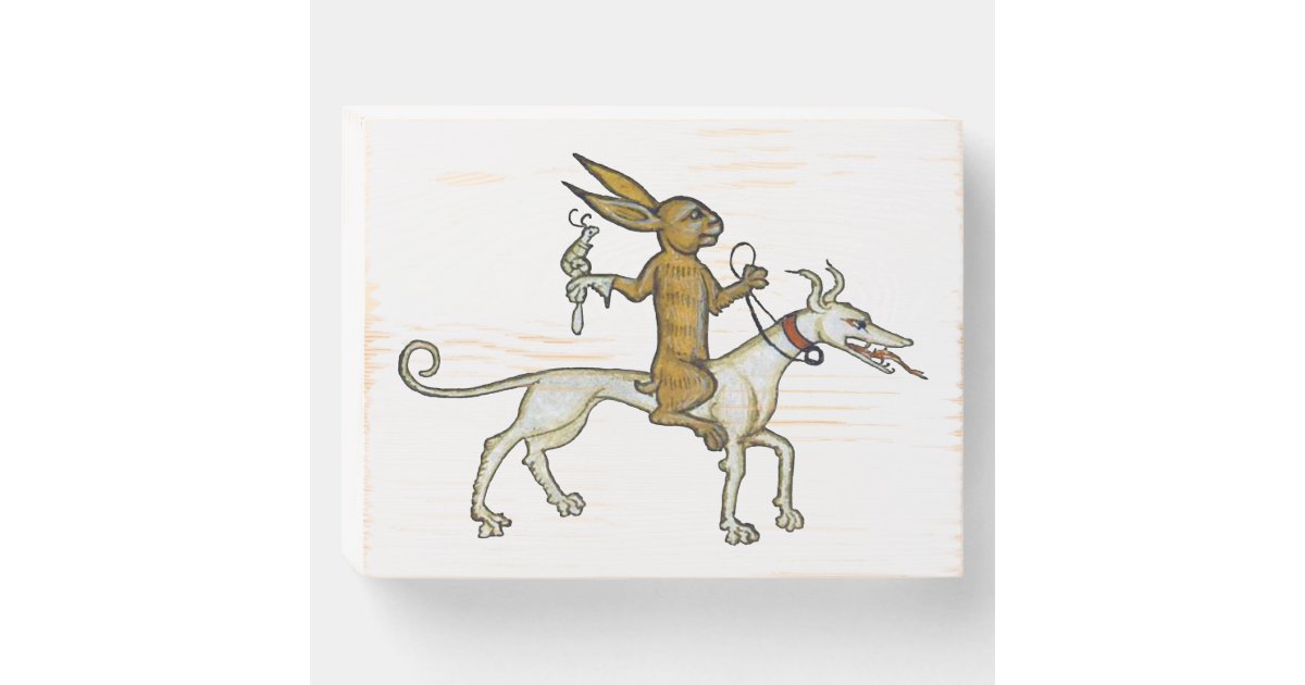 Medieval Rabbit Riding Dog and Holding Snail Wooden Box Sign | Zazzle